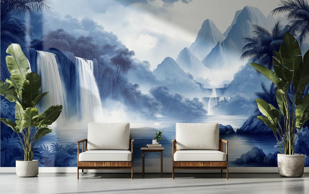 Chinoiserie Tropical Waterfall Mural - Blue and White Landscape Wall ...