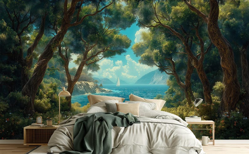 Coastal Forest Mural - Mediterranean Ocean View Wallpaper - Peel and ...