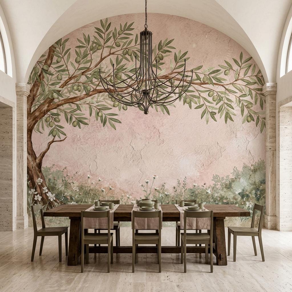 Vintage Olive Tree Mural Dusty Pink Limewash Texture Italian Fresco ...