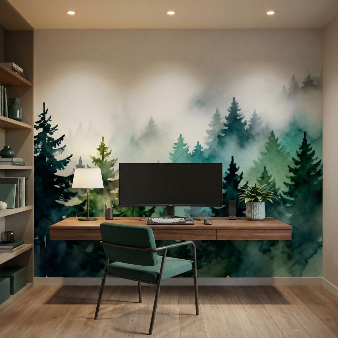 Ethereal Misty Pine Forest Watercolor Mural Biophilic Sanctuary ...