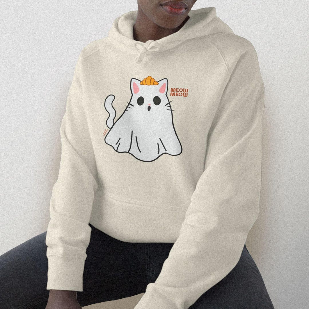 Ghost Kitty Meow Meow Hoodie, Ghost Cat Halloween Hoodie, Croissant Cat ...