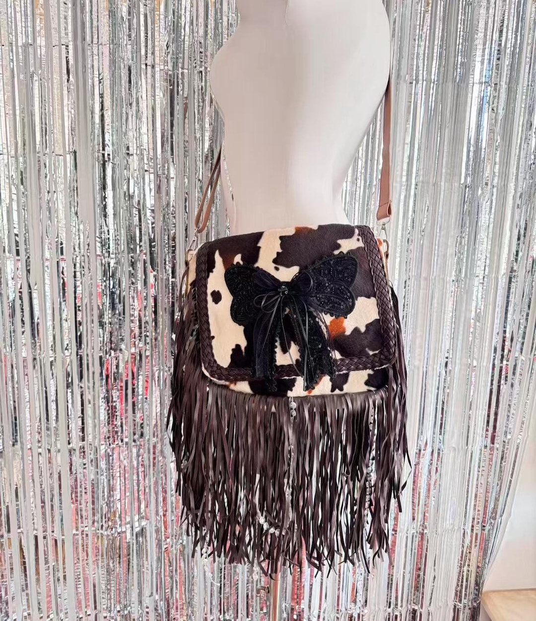 Boho Milk Pattern Tote Cute Black Bowtie Fringe Bag, Retro Crossbody ...