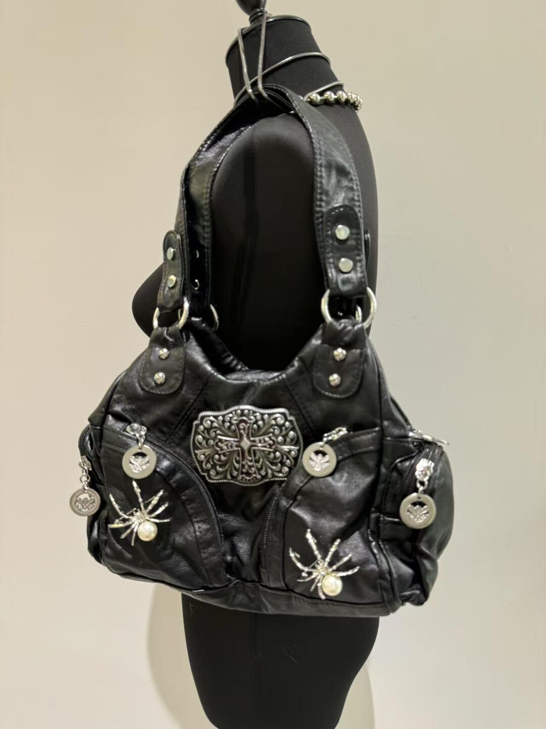 Y2k Goth Cross Shoulder Bag: Black PU Leather Handbag With Chain - Etsy