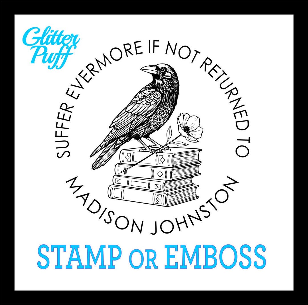 Raven Embosser Stamp - Custom Library Book Stamp : Crow, Books, Flower ...