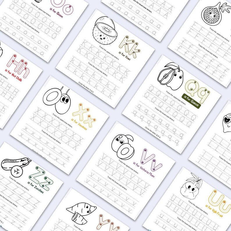 Alphabet Fruits and Veggies Tracing Worksheet A-Z | Cute Preschool ...