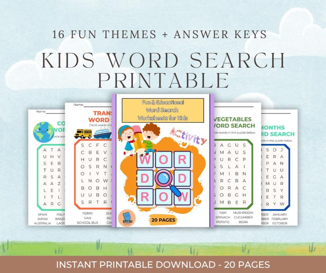20-page Word Search Activity Pack for Kids – Themed Puzzles + Answer ...