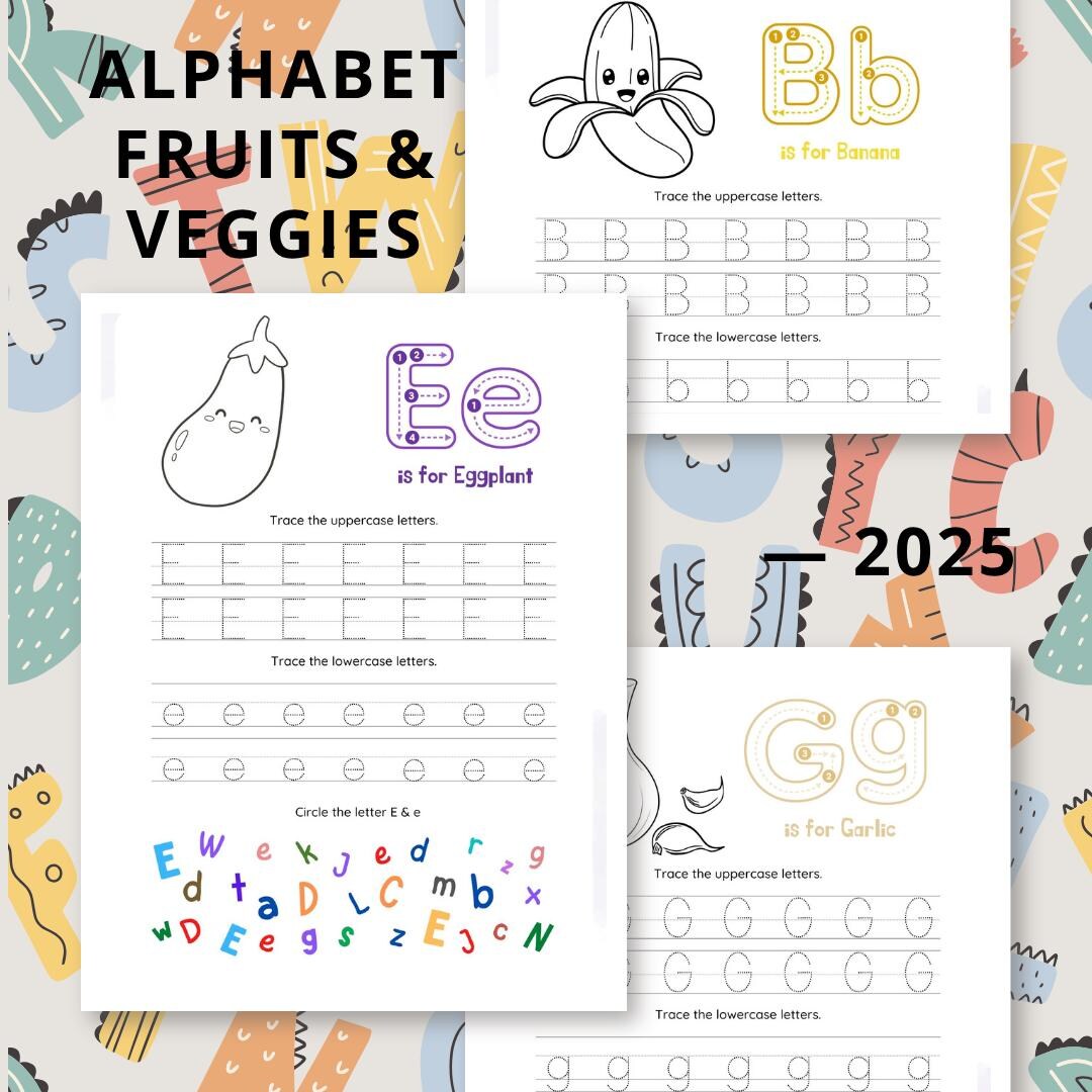 Alphabet Fruits and Veggies Tracing Worksheet A-Z | Cute Preschool ...