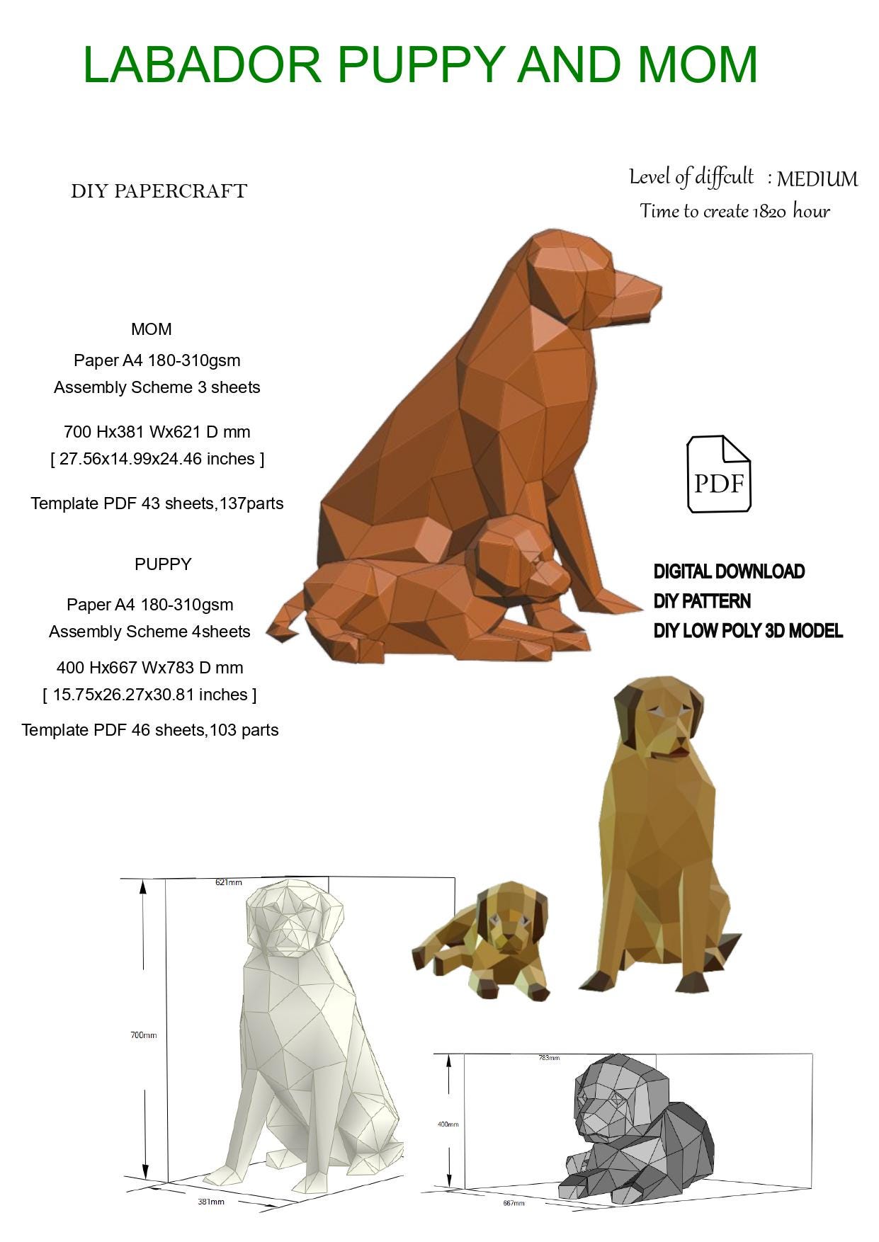 Labrador Mom and Puppy Papercraft 3D Model (PDF) - Etsy