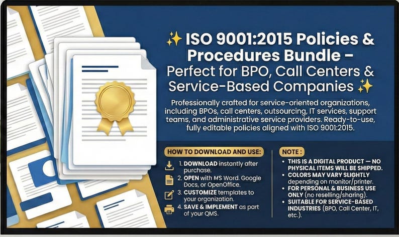 ISO 9001 2015 Quality Management Policies Bundle for BPO Call Center ...