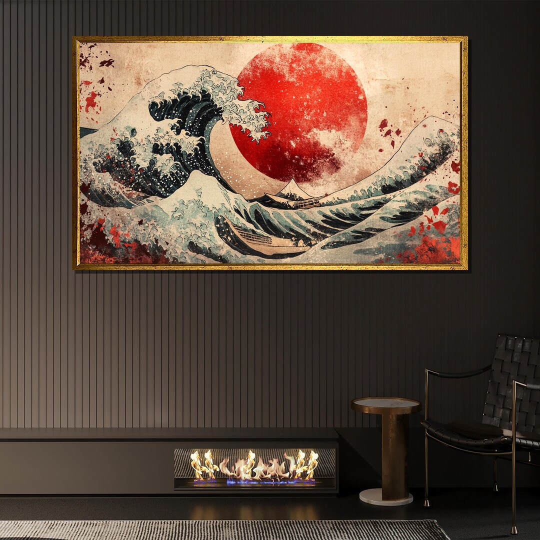 Great Wave and Rising Sun Canvas Painting, Japanese Style Ocean Wall ...