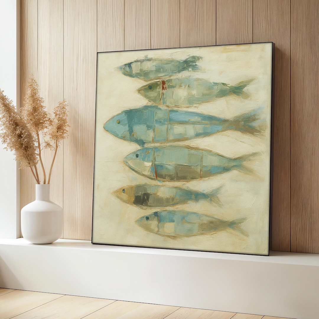 Coastal Fish Canvas Painting, Minimalist Ocean Wall Art With Blue Tones ...