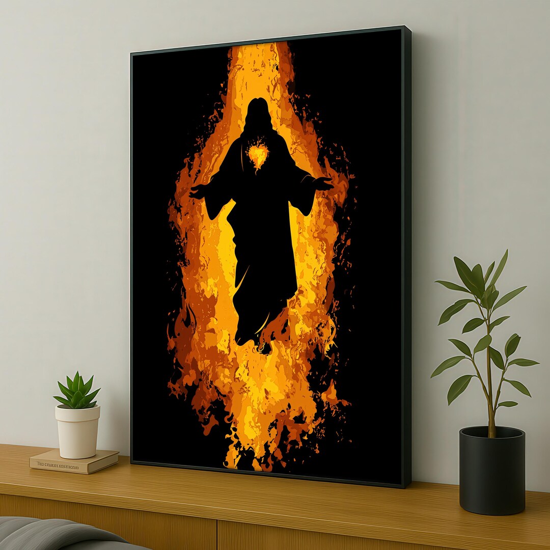Sacred Heart Jesus Canvas Painting, Fiery Divine Wall Art, Bold ...
