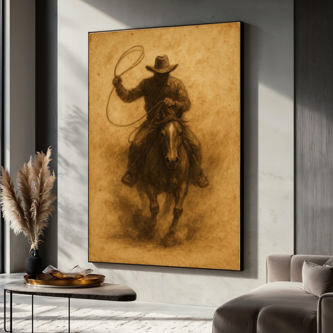 Vintage Cowboy on Horseback Canvas, Western Rodeo Wall Art, Rustic ...