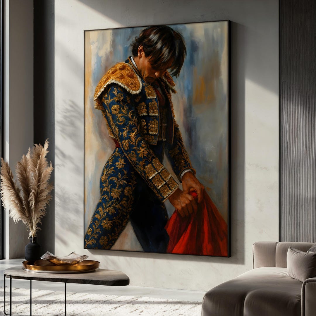 Matador Canvas Painting, Spanish Bullfighter Wall Art in Ornate Blue ...