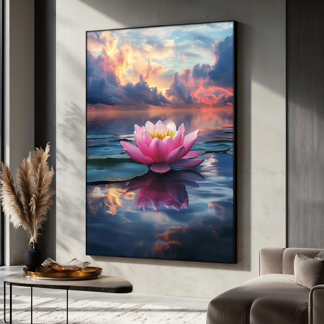 Pink Lotus Flower Canvas Painting, Peaceful Water Lily Wall Art, Yoga ...