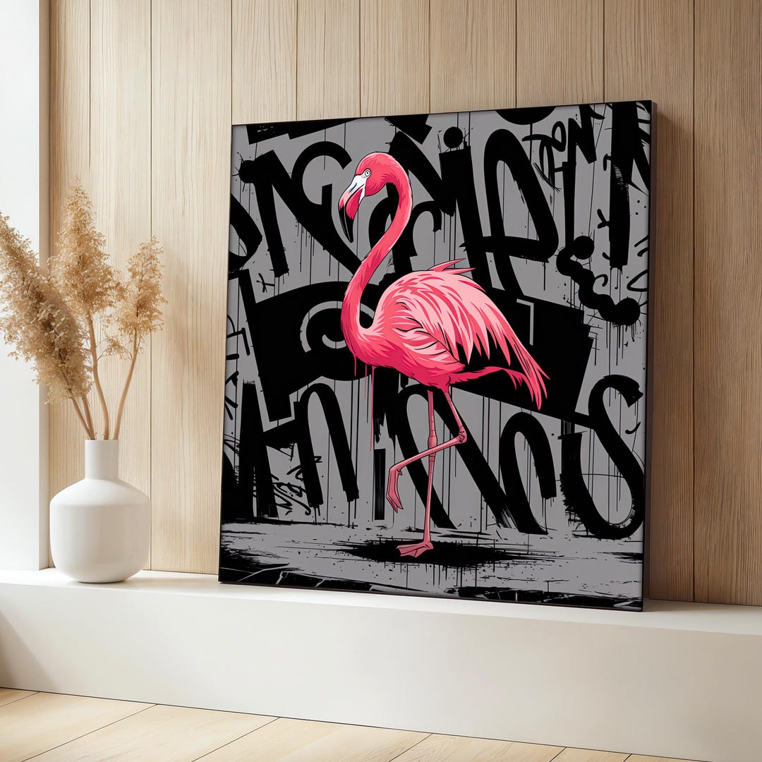 Graffiti Flamingo Canvas Painting, Urban Bird Wall Art, Pink Animal ...