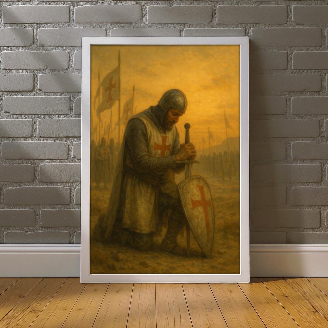Knight Prayer Canvas Painting, Crusader Kneeling With Sword and Shield ...