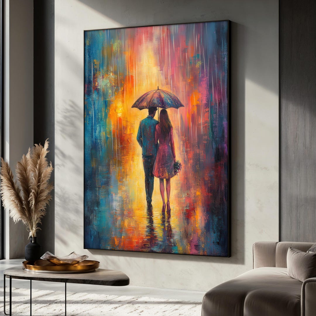 Abstract Romantic Couple Canvas Painting Walking in Rain, Colorful Love ...