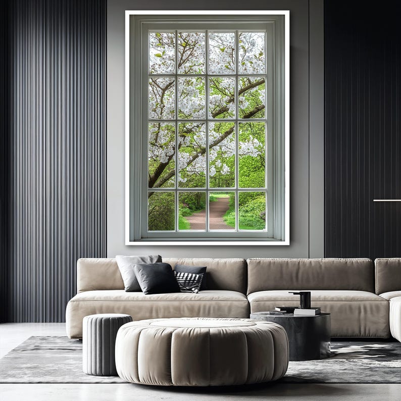 Cherry Blossom Window View Canvas Painting, Spring Nature Wall Art for ...