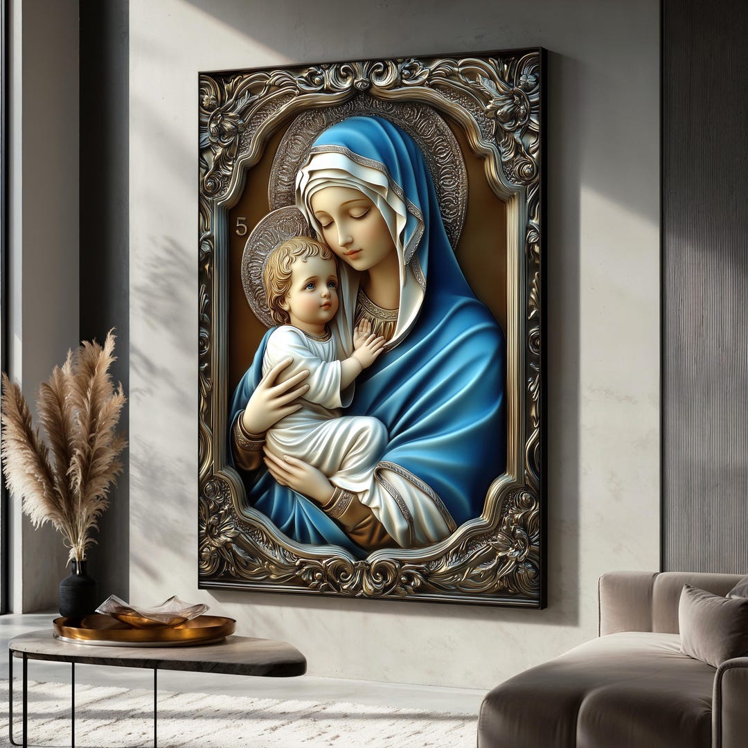 Blessed Virgin Mary and Baby Jesus Canvas Painting, Catholic Wall Art ...