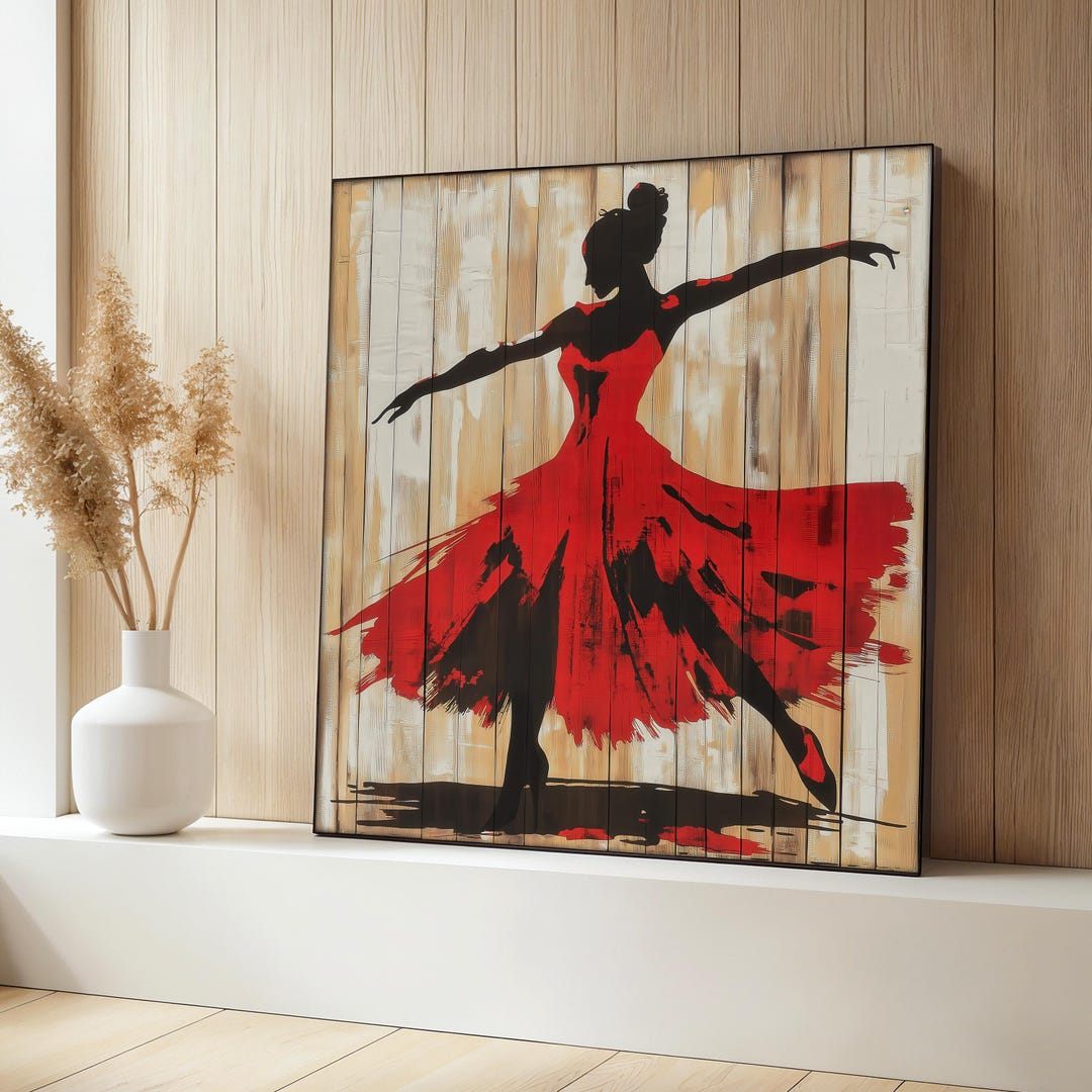 Abstract Ballet Dancer Canvas Painting, Silhouette Woman in Red Dress ...