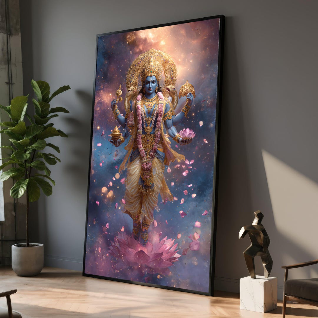 Vishnu Canvas Painting, Hindu God Wall Art With Lotus, Spiritual Home ...