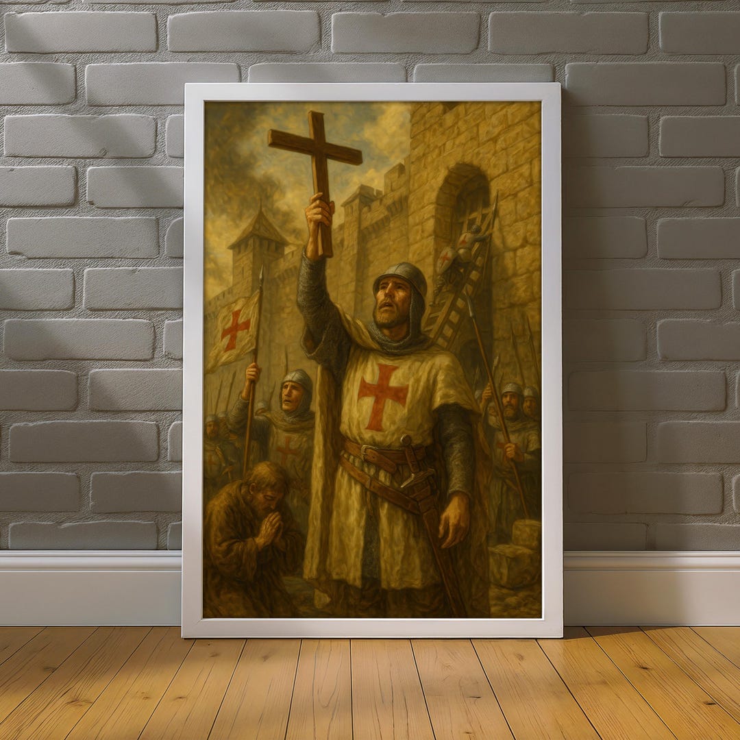 Medieval Crusader Canvas Painting, Holy Knight Holding Cross Outside ...