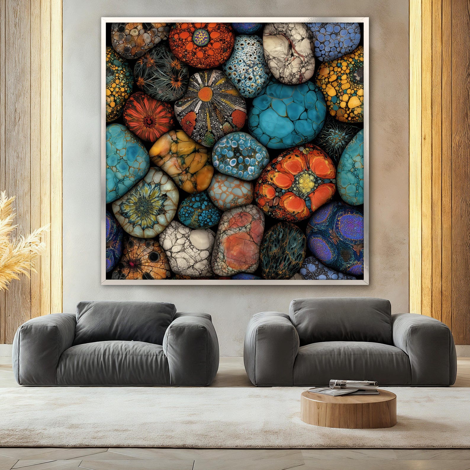 Colorful Stones Canvas Painting, Abstract Pebble Wall Art, Smooth Rock ...