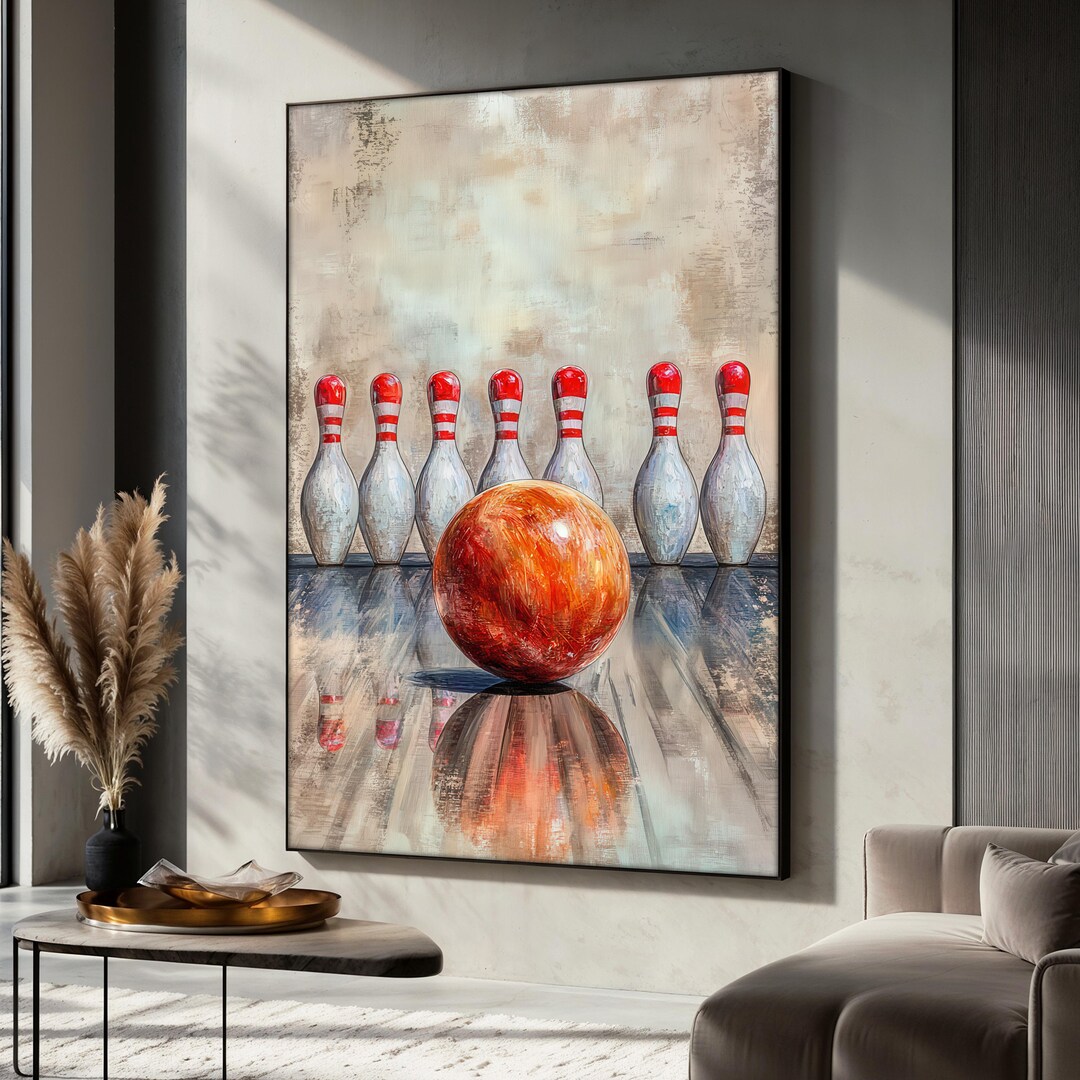 Bowling Canvas Painting for Game Room, Modern Wall Art With Pins and ...