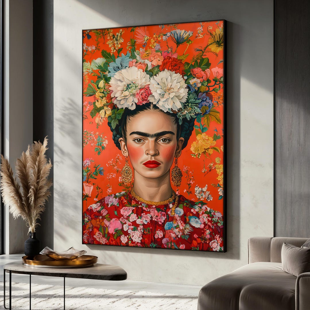 Frida Kahlo Canvas Painting, Bright Orange Floral Wall Art, Feminist ...