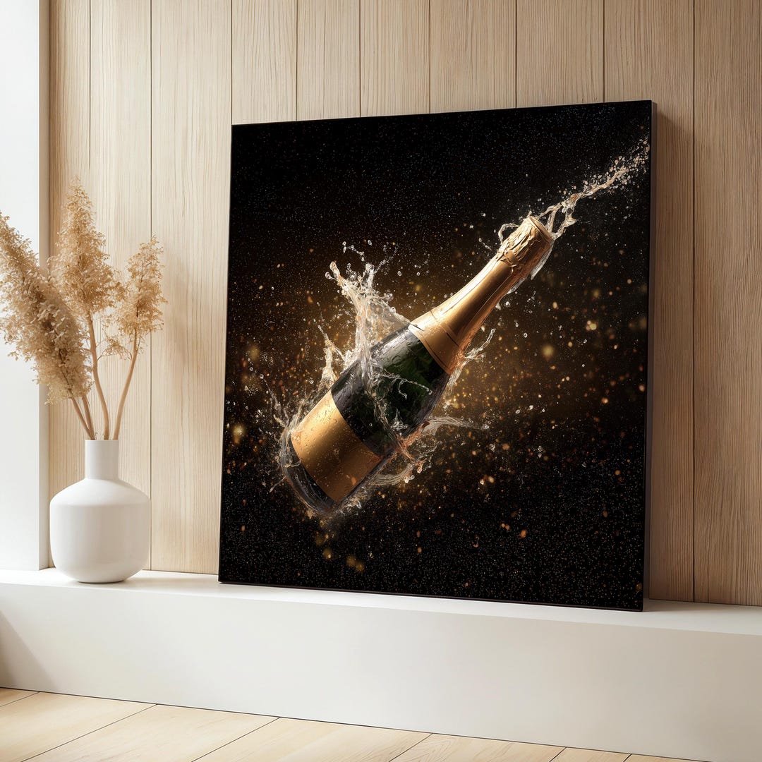 Champagne Bottle Canvas Painting, Modern Celebration Wall Art, Chic Bar ...