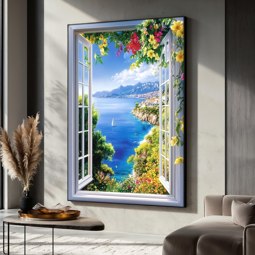 Mediterranean Sea View Canvas Painting, Open Window Coastal Wall Art ...