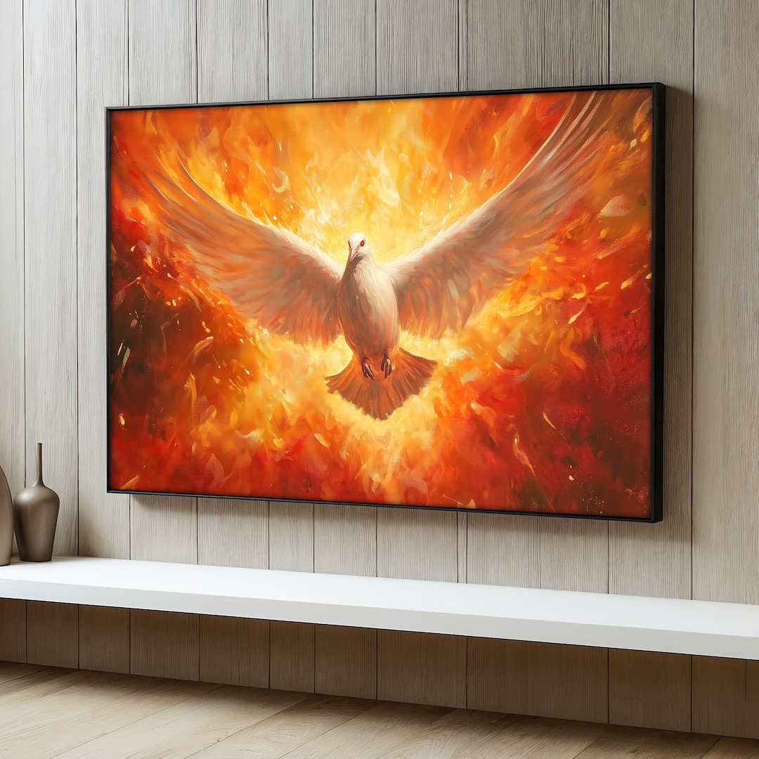 Fiery Holy Spirit Canvas Painting With Dove in Flames, Christian Wall ...