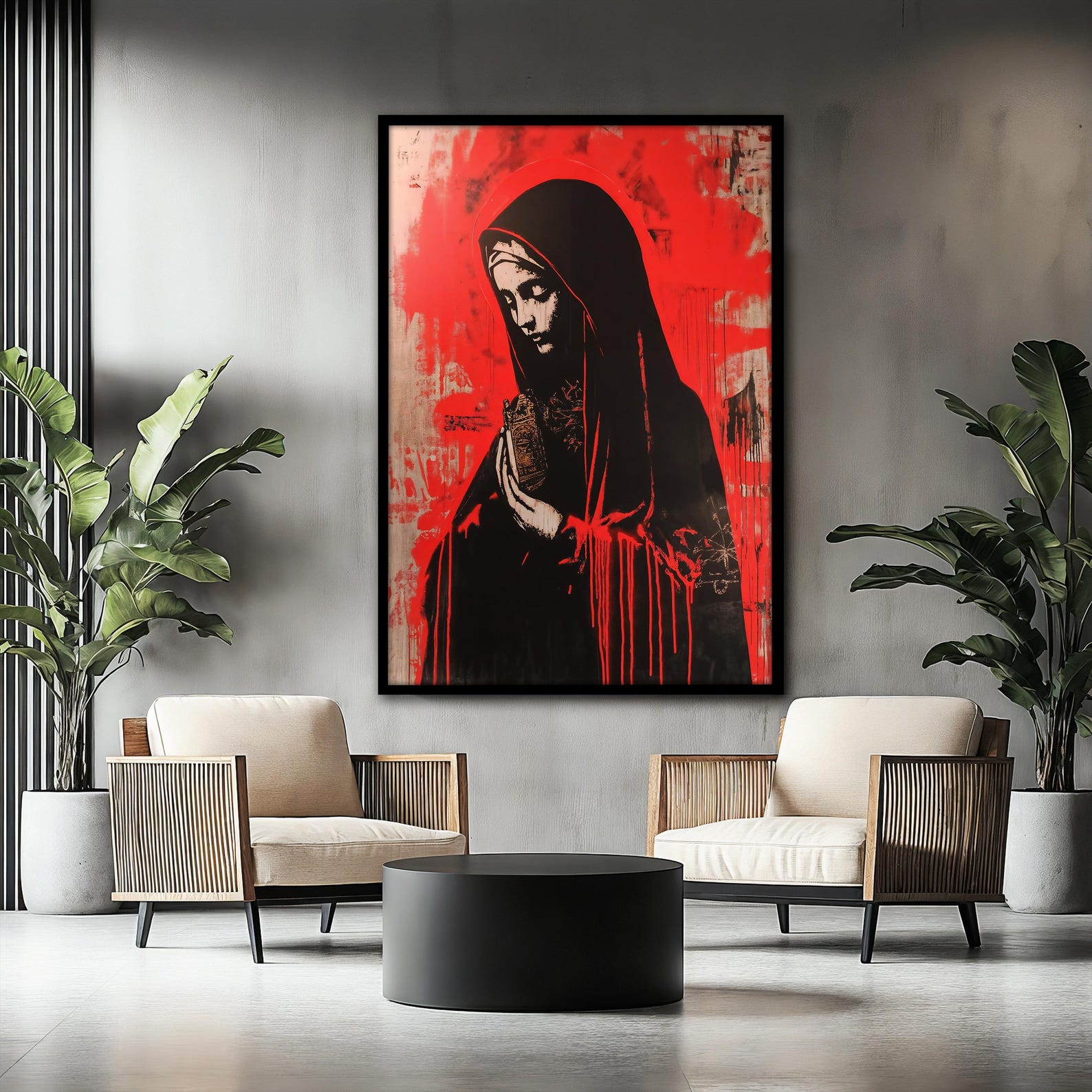 Virgin Mary Canvas Painting in Red and Black, Religious Graffiti Wall ...