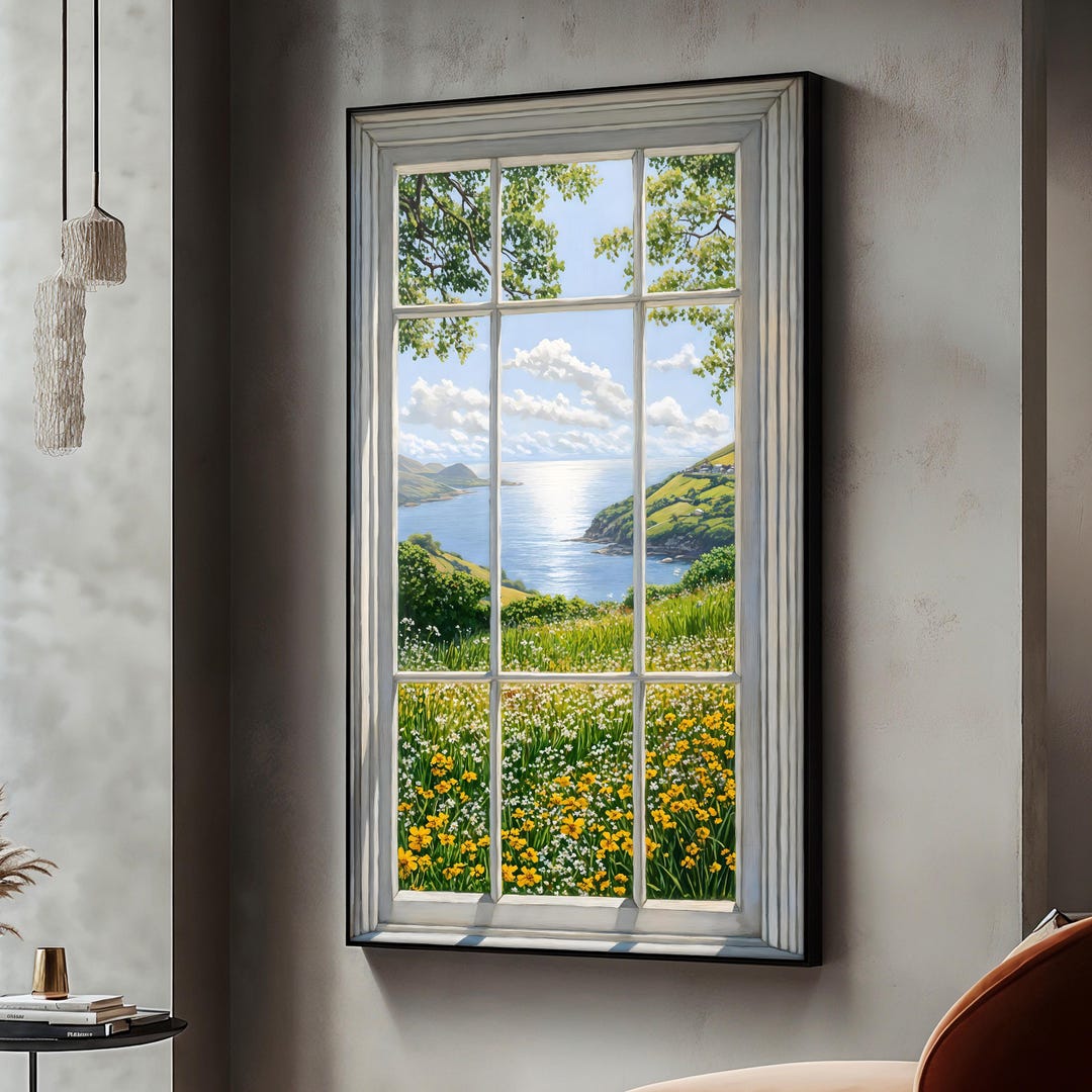 Scenic Window Canvas Painting, Coastal Ocean View With Wildflowers and ...