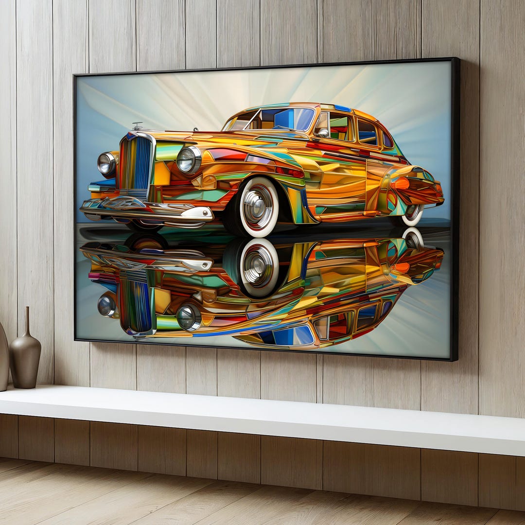 Colorful Classic Car Canvas Painting, Retro Vehicle Wall Art for Living ...