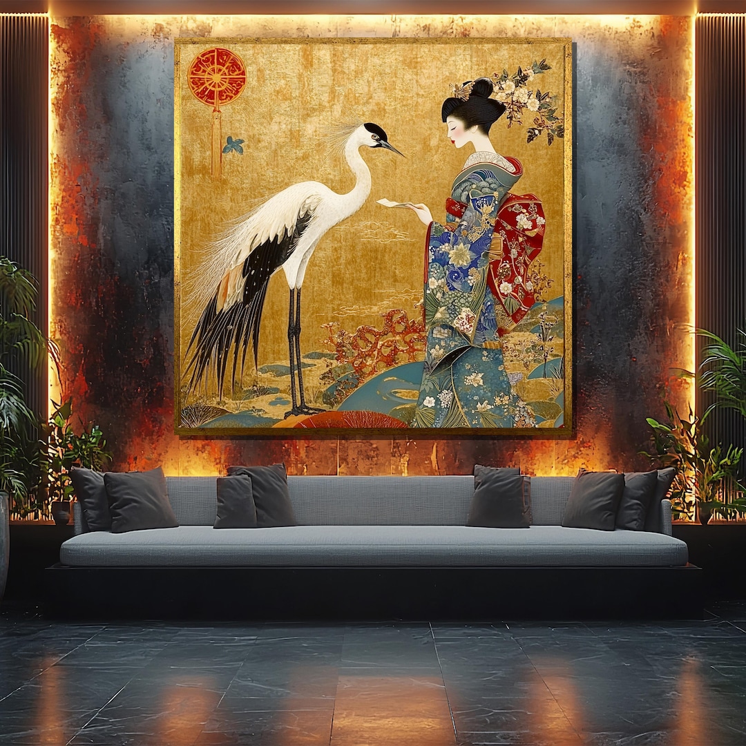 Japanese Geisha and Crane Canvas Painting, Traditional Kimono Wall Art ...