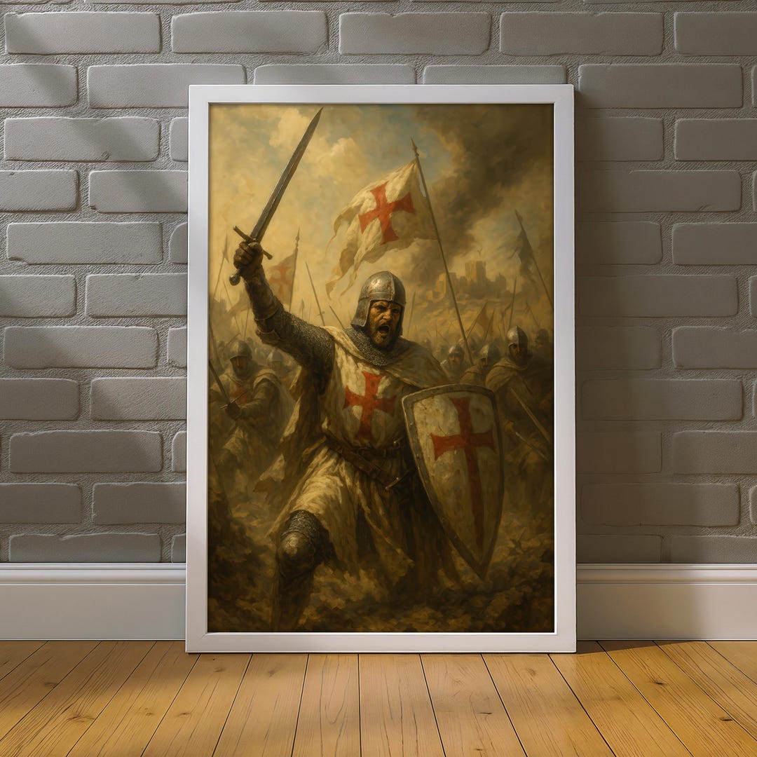 Templar Battle Canvas Painting, Crusader Knights Charging Wall Art ...