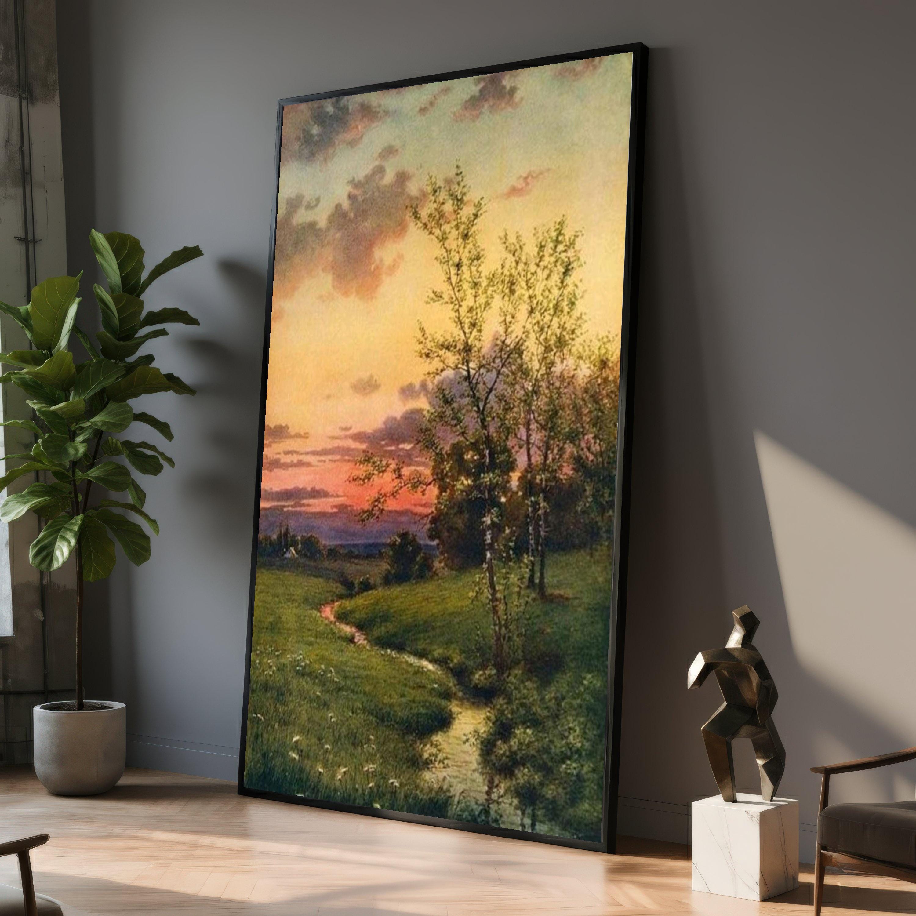 Tranquil Countryside Sunset Canvas, Stream and Trees Landscape Wall Art ...