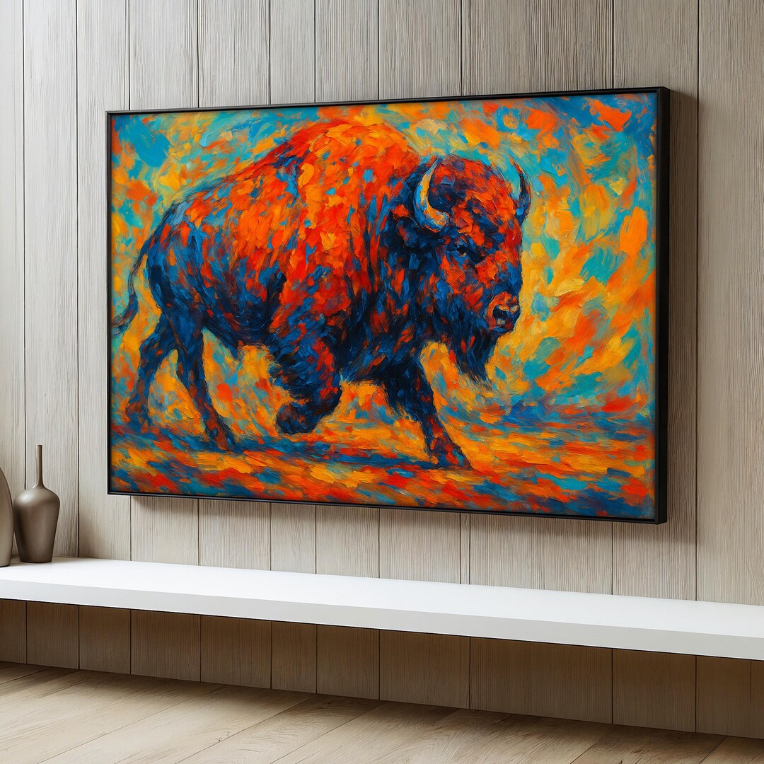 Colorful Buffalo Canvas Painting, Bold Western Wall Art, Modern ...