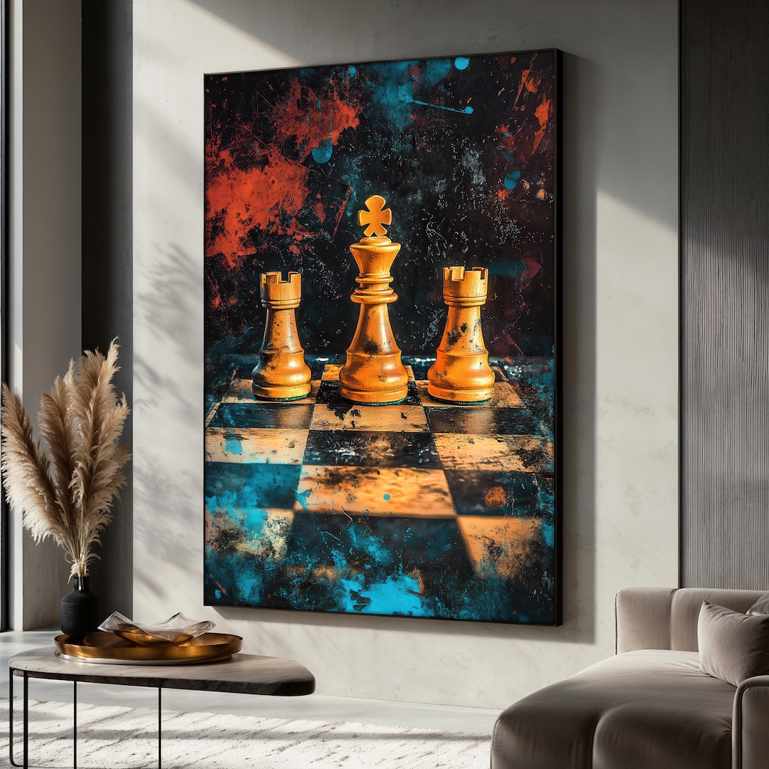 Vibrant Chess Canvas Painting, Bold Wall Art for Game Room or Office ...