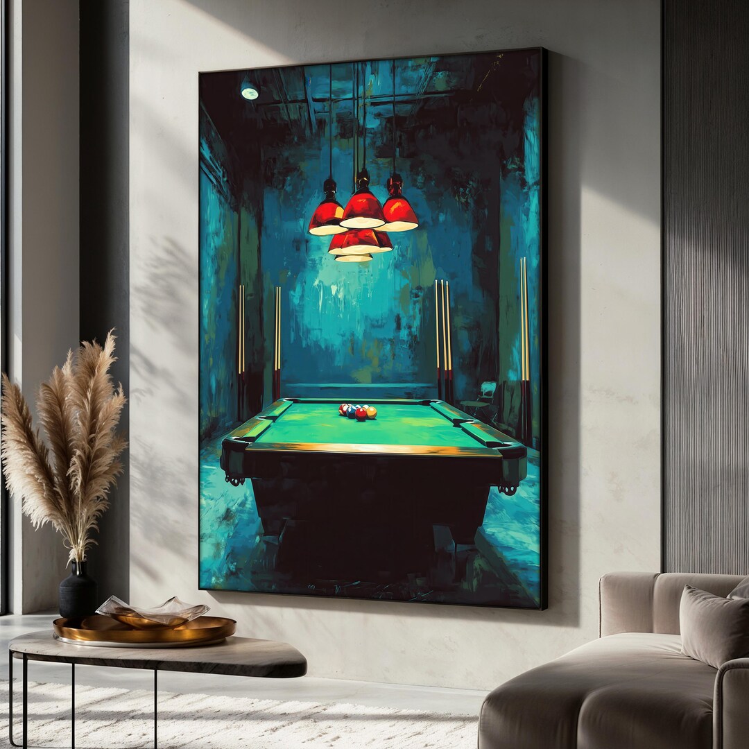Moody Billiard Room Canvas Painting, Pool Table Wall Art, Vintage Game ...