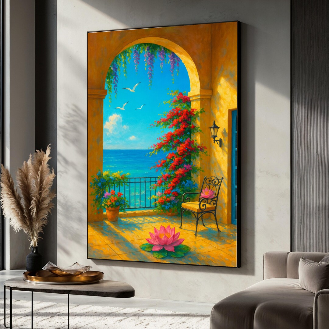 Mediterranean Balcony View Canvas, Seaside Wall Art, Floral Garden ...