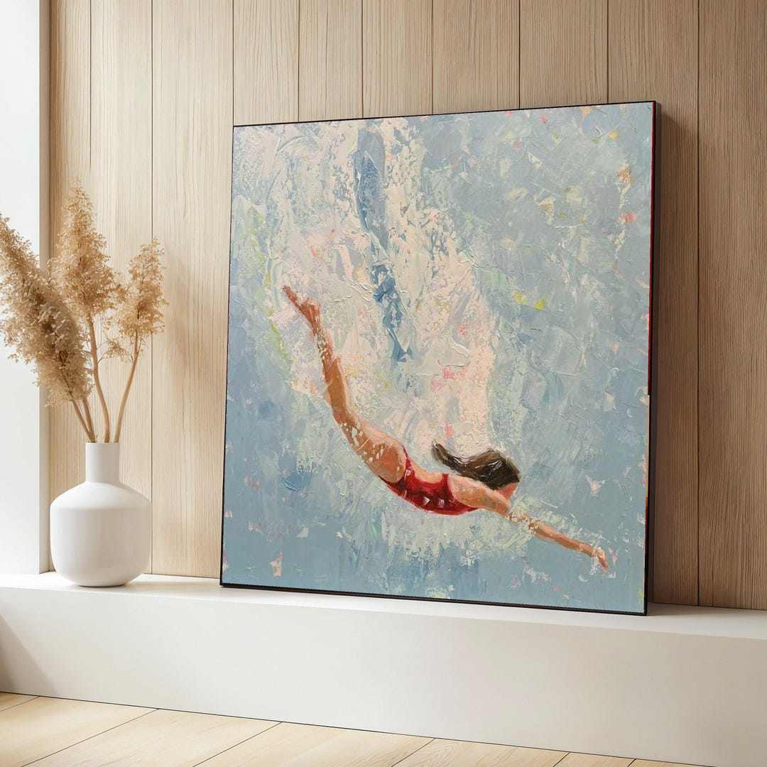 Swimmer Canvas Painting, Girl Diving Wall Art, Blue Summer Home Decor ...