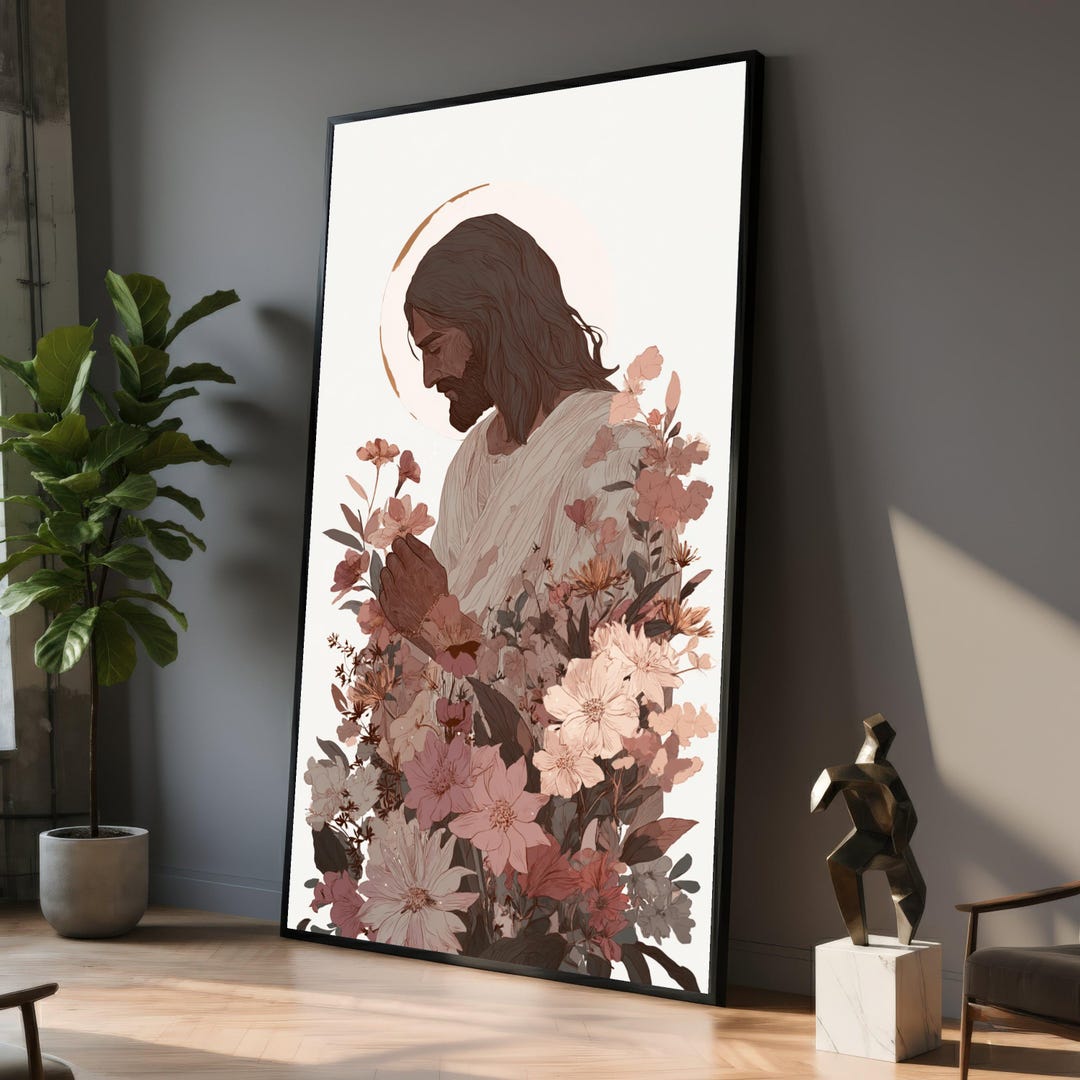 Prayerful Jesus Portrait Canvas, Floral Christian Wall Art, Religious ...