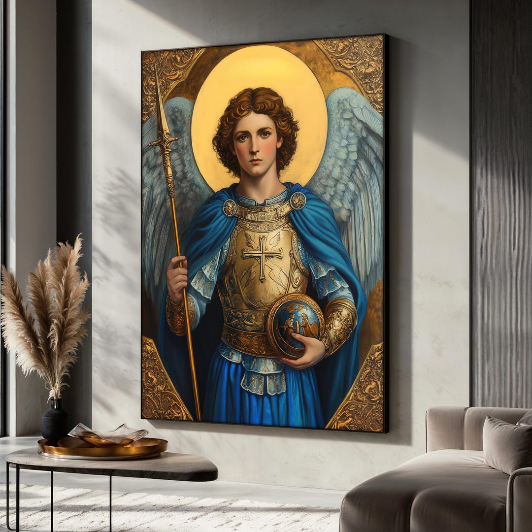 Archangel Michael Canvas Painting, Religious Angel Wall Art With Halo ...