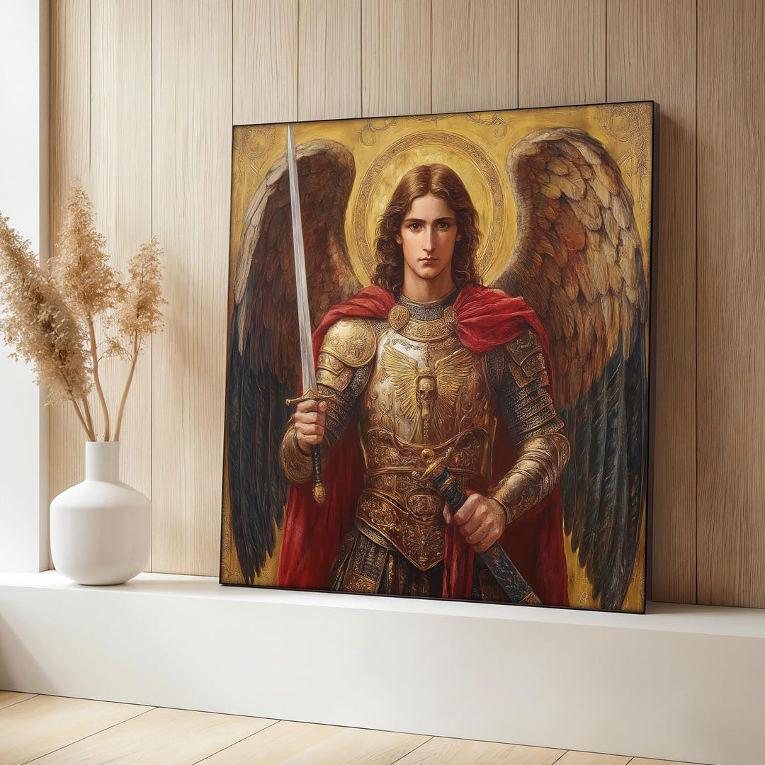 Archangel Michael Canvas Painting, Religious Angel Wall Art, Sword and ...
