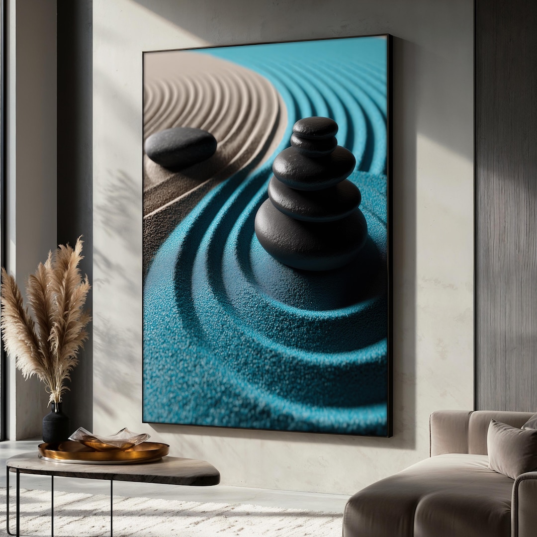 Zen Rock Art, Modern Minimalist Canvas Painting, Blue and Beige Zen ...