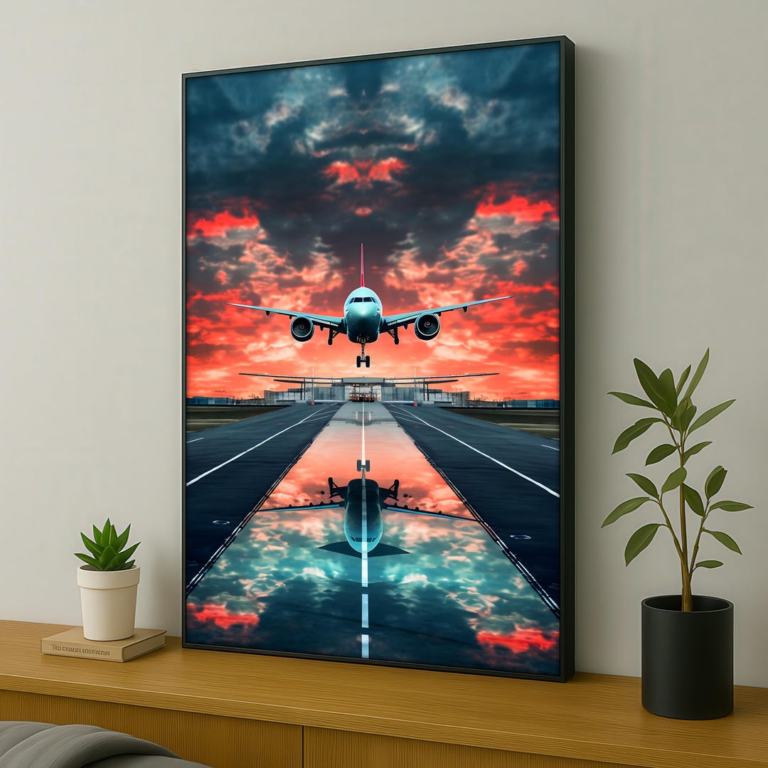 Airplane Canvas Painting, Sunset Airport Wall Art With Reflection ...