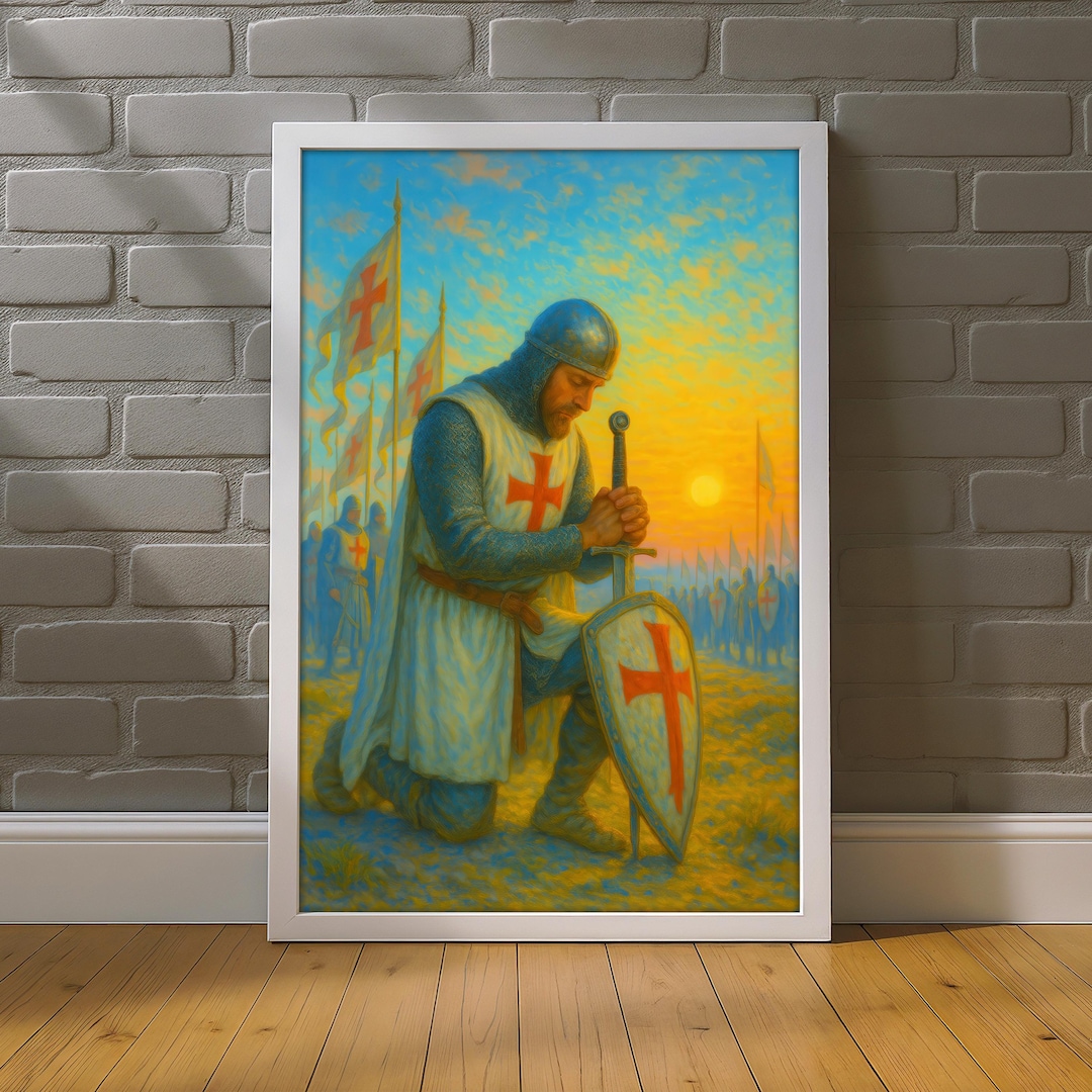 Praying Crusader Canvas Painting, Christian Knight Wall Art With Cross ...